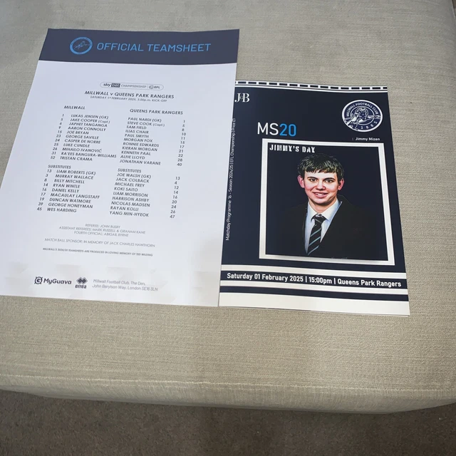 MILLWALL V QPR Home Programme &Team Sheet 2025 £2.00 - PicClick UK