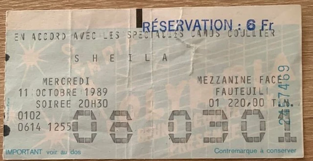 SHEILA - TICKET concert n° 06 0301 - Olympia Paris - Mercredi 11 ...