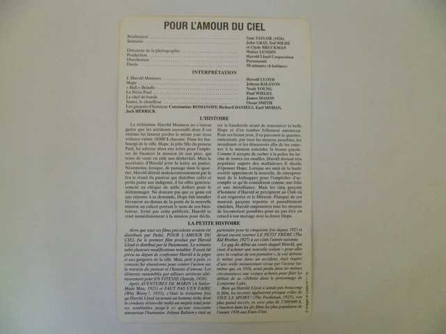 CARTE FICHE CINEMA 1926 POUR L'AMOUR DU CIEL Harold Lloyd Jobyna ...