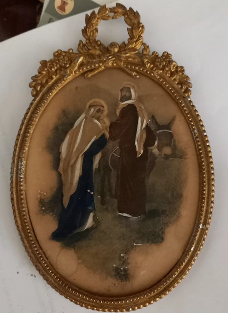 JOLI CADRE METAL ancien avec scène de la NATIVITE Marie Joseph Jésus ...