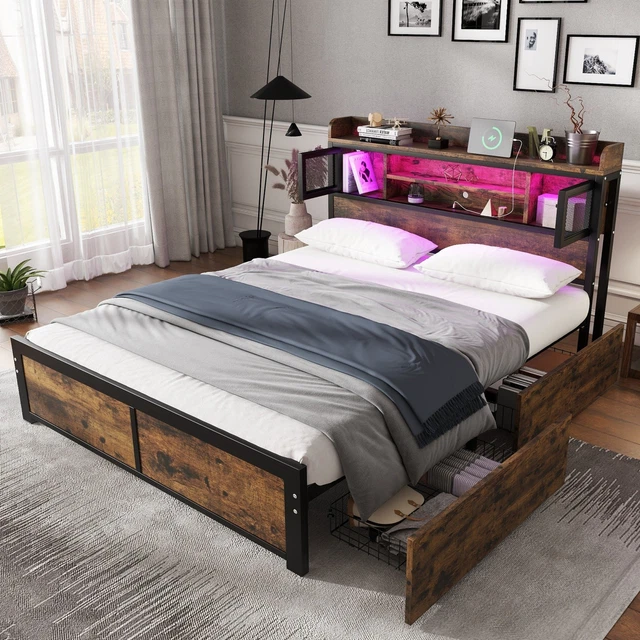 4FT6 DOUBLE BED Frame Metal Slatted Bed Platform with Headboard ...