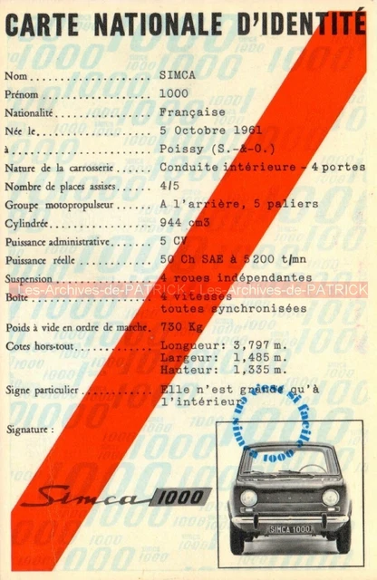 SIMCA 1000 &CARTE Nationale d'Identité" Carte Publicitaire Card ...