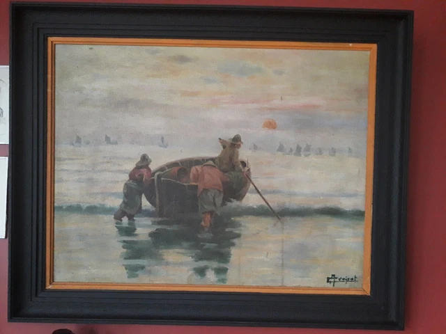 TABLEAU ANCIEN SIGNÉ à l'huile sur un panneau de bois représentant des pêcheurs EUR 320,00 ...