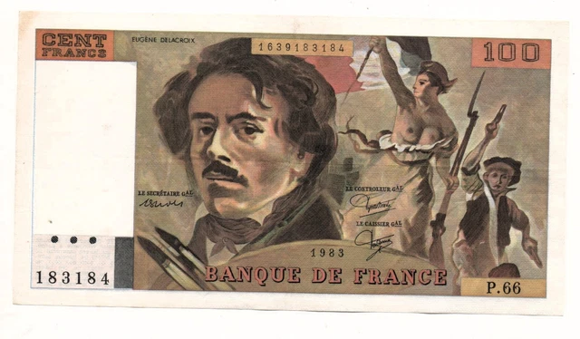 FRANCE BILLET 100 FRANCS 1983 DELACROIX TTB craquant0 épinglage grand ...