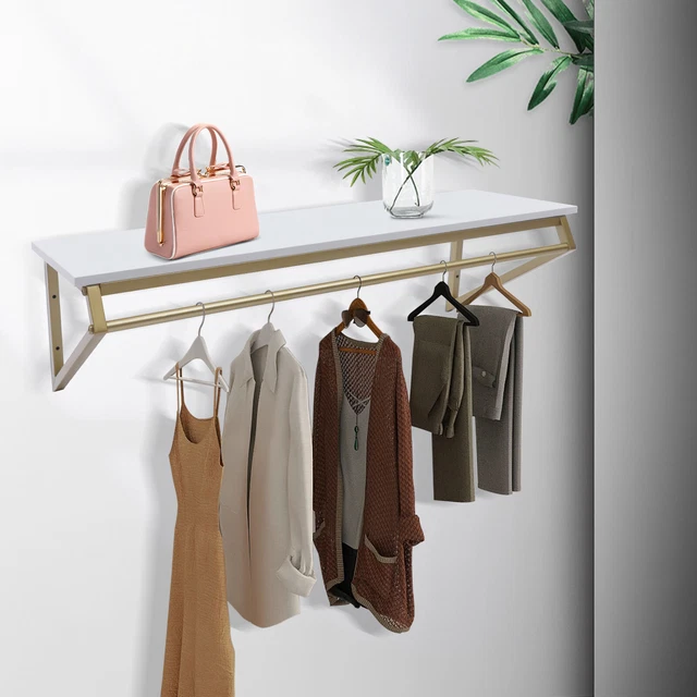 CLOTHES DISPLAY RACK Wall-Mounted Garment Rack Iron+Wood Clothing Racks ...
