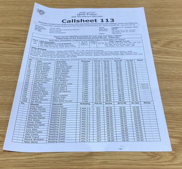 HARRY POTTER & THE DEATHLY HALLOWS CALL SHEET 113 - Weasley Wedding ...