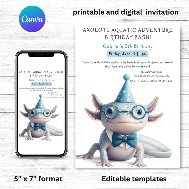 EDITABLE AXOLOTL BIRTHDAY Invitation template, Axolotl Birthday Invite ...