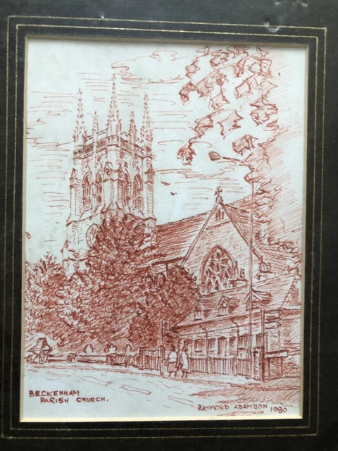 RAYMOND ADAMSON ORIGINAL pen and ink drawing of Beckenham Parish Church ...