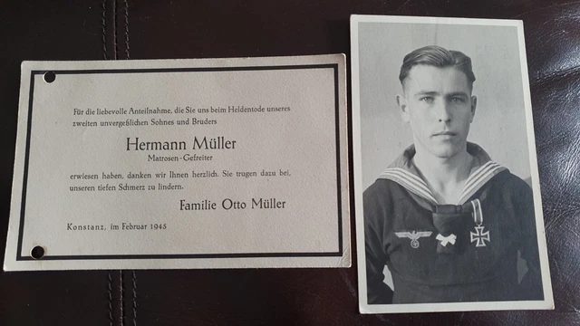 VINTAGE GERMAN WW2 memorial card kriegsmarine HERMANN MULLER + Photo ...
