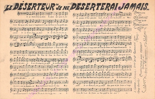CPA MILITARIA PARTITION Carte Chanson Le Deserteur Je Ne Deserterai ...