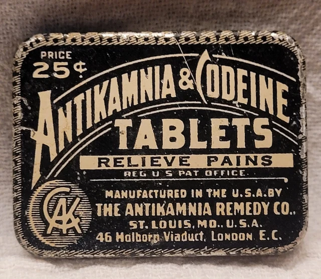 RARE VINTAGE ANTIKAMNIA TIN COMPOUND TABLETS w AWESOME GRAPHICS EMPTY ...