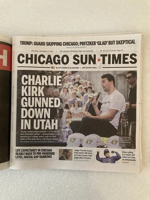 CHICAGO SUN-TIMES 9/11/2025 Charlie Kirk Assassination (1993-2025) £17. ...