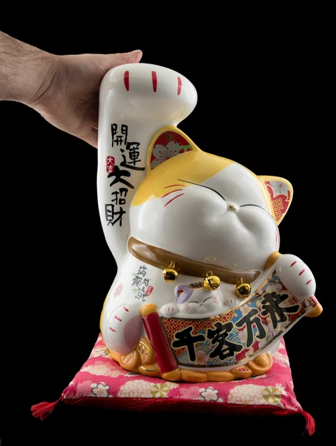 GRANDE STATUE CHAT japonais Maneki neko 36 cm en porcelaine Patte levée ...