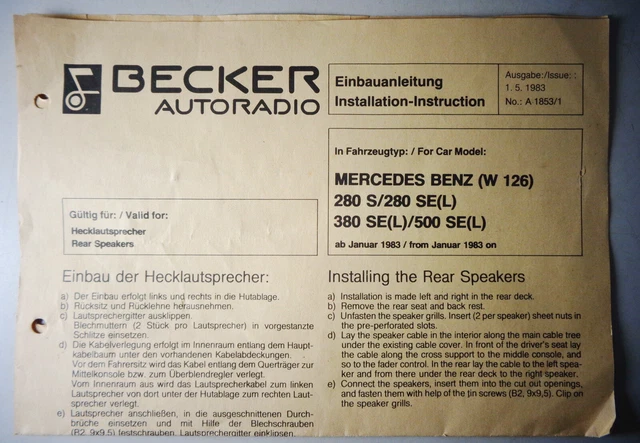 INSTRUCTIONS D'INSTALLATION BECKER Radio pour Mercedes Benz W 126 280 S ...