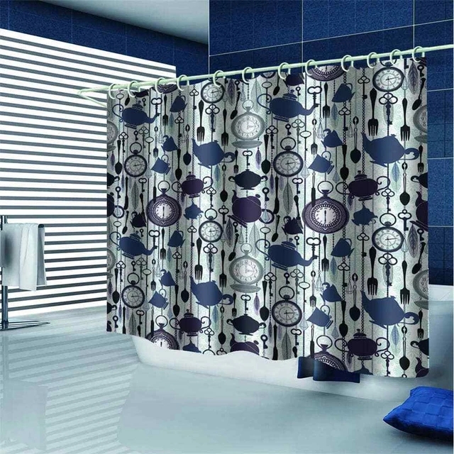 HANGED CLOCK TEAPOT Fork 3D Shower Curtain Waterproof Fabric Bathroom ...