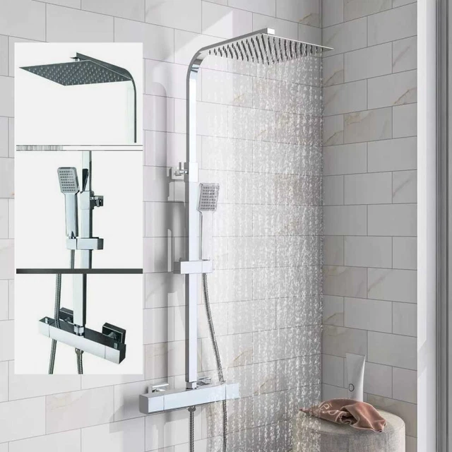 BATHROOM THERMOSTATIC EXPOSED Shower Mixer Twin head Large Square Bar ...
