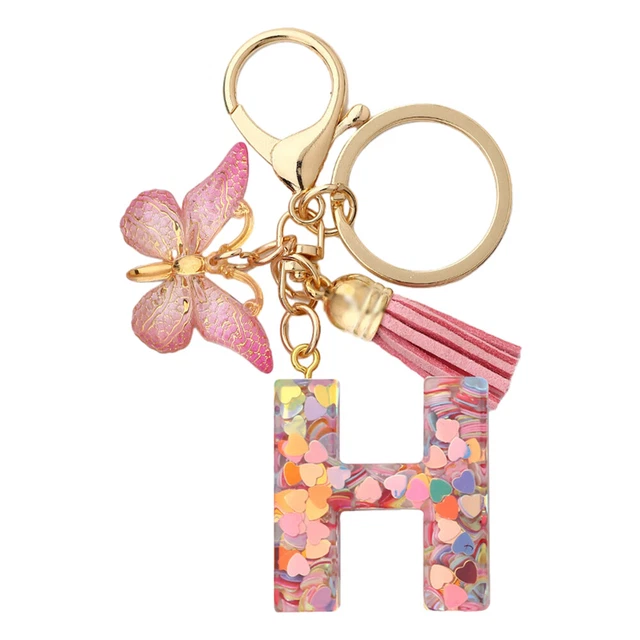 KEY RING CHARM Letter H Keychain Pink Tassel Butterfly Key Ring for ...