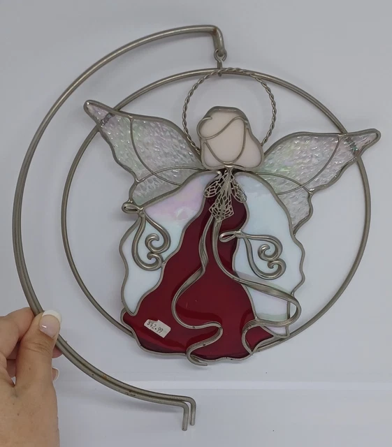 STAINED GLASS HANGING Iridescent Angel 8" Round Window Decor Vintage ...