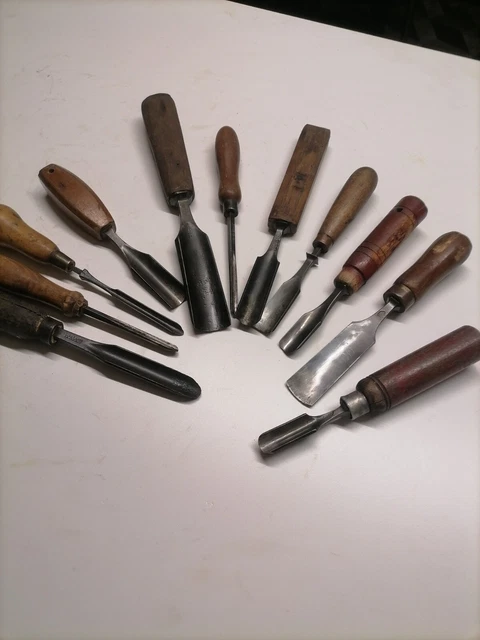 OUTIL ANCIEN /CISEAUX à bois/gouges/lot de 11/menuisier/ébéniste/old ...
