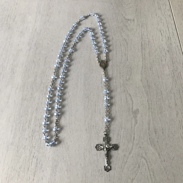 VINTAGE STERLING SILVER INRI IHS Rosary with Baby Blue Glass Beads $45. ...