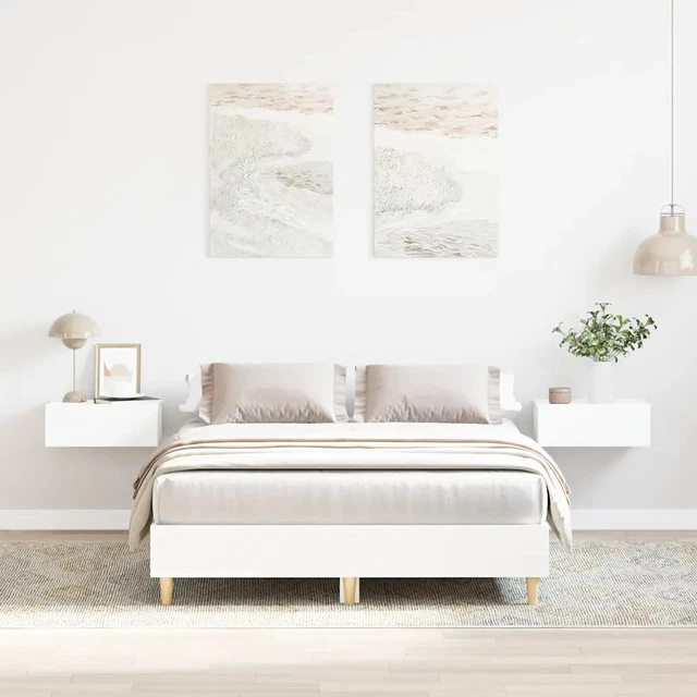 WALPLUS WHITE BED Frame No Mattress 140x190cm Engineered Wood Bed Base ...