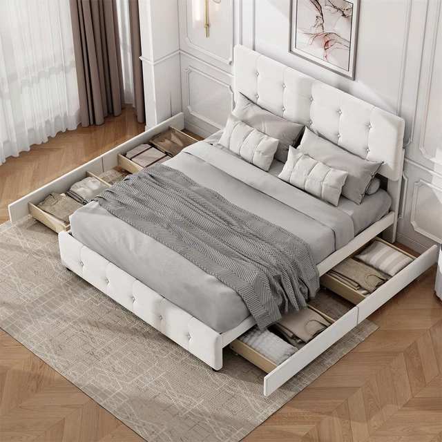 4FT6 DOUBLE BED with 4 Storage Drawers Wooden Upholstered Platform Bed ...
