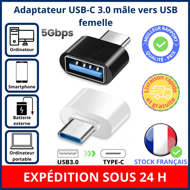ADAPTATEUR USB-C TYPE C 3.0 Mâle vers USB OTG Femelle Connecteur ...