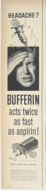 VINTAGE 1953 BUFFERIN Print Ad For Headache Relief Man Face Jackhammer ...