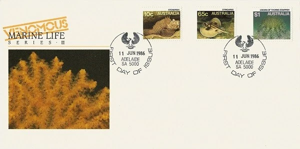 1986 AUSTRALIA - Venomous Marine Life 10c, 65c & $1 FDC - Adelaide SA ...