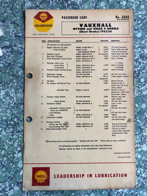 SHELL SERVICE GUIDE Lubrication Chart Vauxhall Wyvern 1948 - 1951 2455G ...