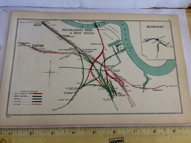 LONDON BRIDGE NEW Cross Bricklayers Arms Greenwich Wapping Railway Map ...
