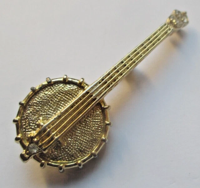ANCIENNE BROCHE INSTRUMENT de musique Banjo couleur or rare bijou ...