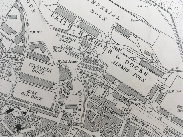 1915 EDITION TOPOGRAPHICAL Map of the Leith area. Edinburghshire I. SE ...