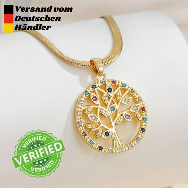 BAUM DES LEBENS Anhänger Gold Edelstahl Zirkonia mit Halskette Lebensbaum Damen EUR 12,99 ...
