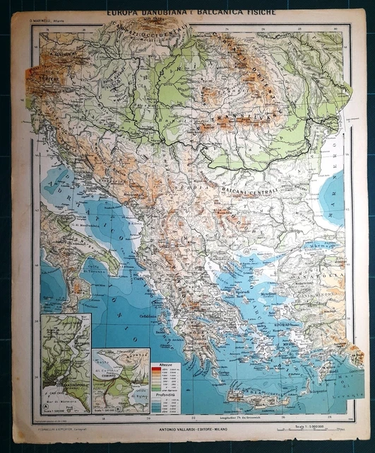 CARTA GEOGRAFICA ANTICA BALCANI DANUBIO ante 2 guerra mondiale 1936 ...