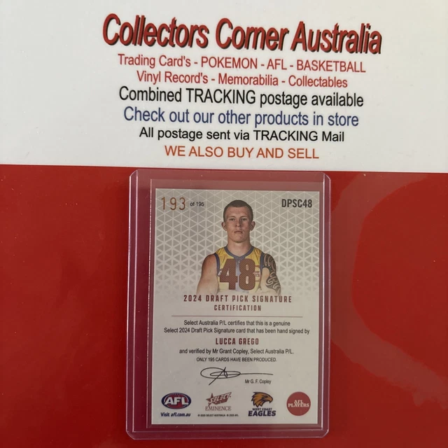 2025 AFL SELECT Eminence Copper Draft Pick Signature Lucca Grego 193/ ...