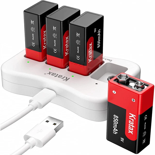 KRATAX 850MAH 9V Block 6F22 Rechargeable Lithium Batteries 4 Pack with ...