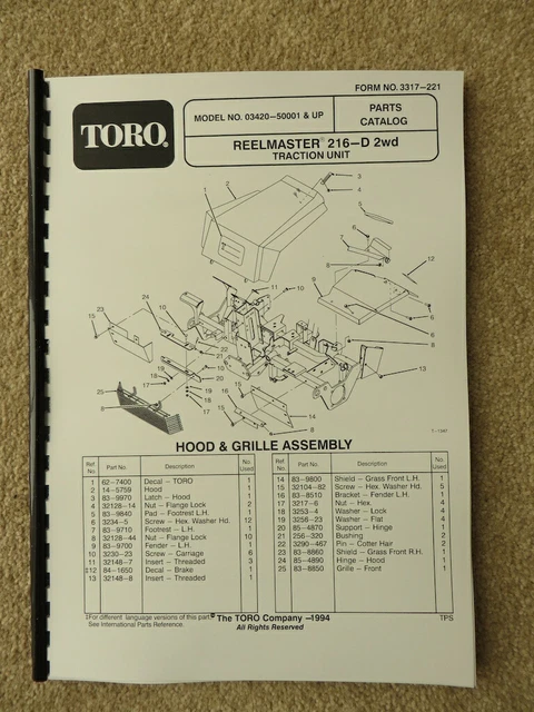 TORO 216D REELMASTER Mower Parts Book Manual (ref350) £19.00 - PicClick UK