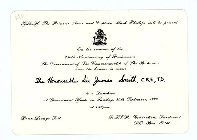 VINTAGE INVITATION CARD Princess Anne Captain Mark Phillips The Bahamas ...