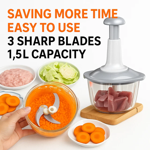 MANUAL FOOD PROCESSOR Hand Chopper Vegetable Cutter Garlic Onion Dicer ...