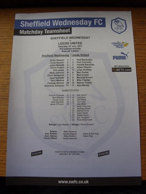 23/07/2011 COLOUR TEAMSHEET: Sheffield Wednesday v Leeds United ...