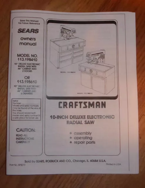 SEARS CRAFTSMAN 10 Inch Radial Arm Saw Owners Manual 113.198410 198410 ... SEARS CRAFTSMAN 10 Inch Radial Arm Saw Owners Manual 113.198410 198410 ...