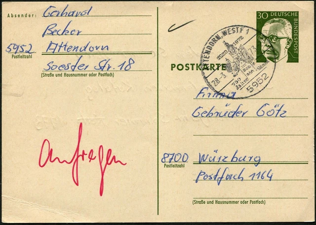 GERMANY ATTENDORN 750YR Postmark 1973 Stationery Card to Würzburg 30pf ...