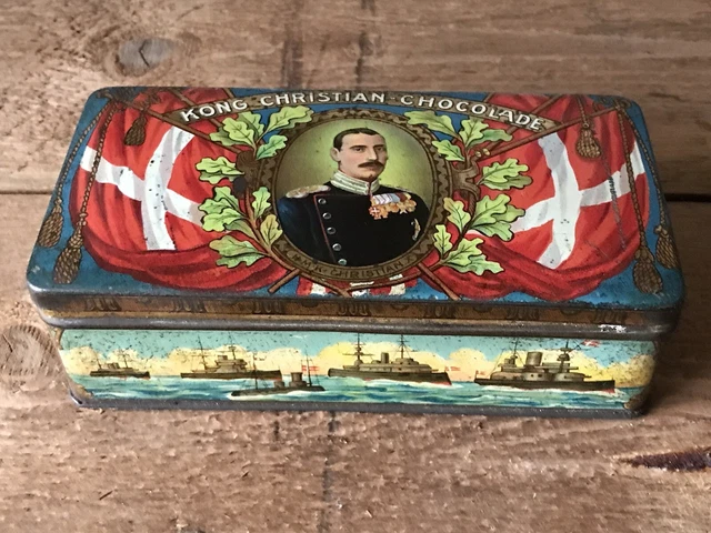 ALTE BLECHDOSE KONG CHRISTIAN CHOCOLADE König Dänemark Kriegsschiffe ...
