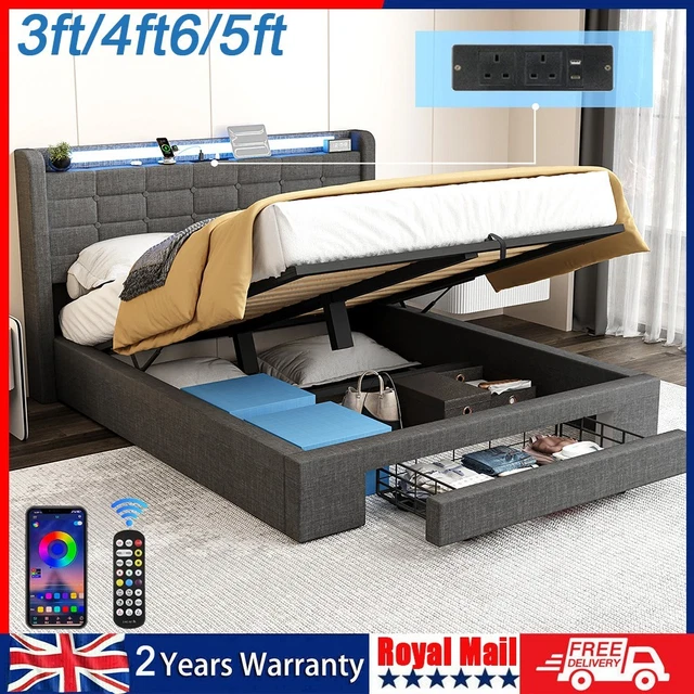 NEW OTTOMAN STORAGE UPHOLSTERED BED FRAME WITH SOCKET & LED LIGHT ...