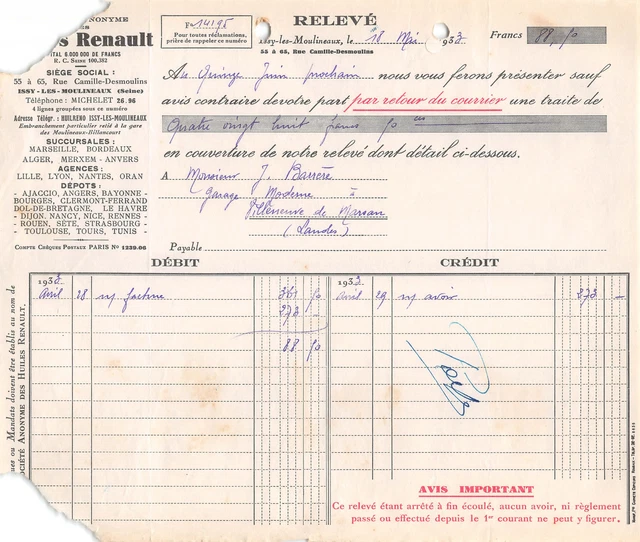 1933 FACTURE Huiles Renault Issy Les Moulineaux M.barrere Villeneuve ...