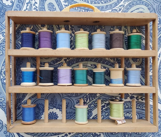 VINTAGE WOODEN THREAD Spool Holder Collapsible Three Tiers / 21 Spools ...