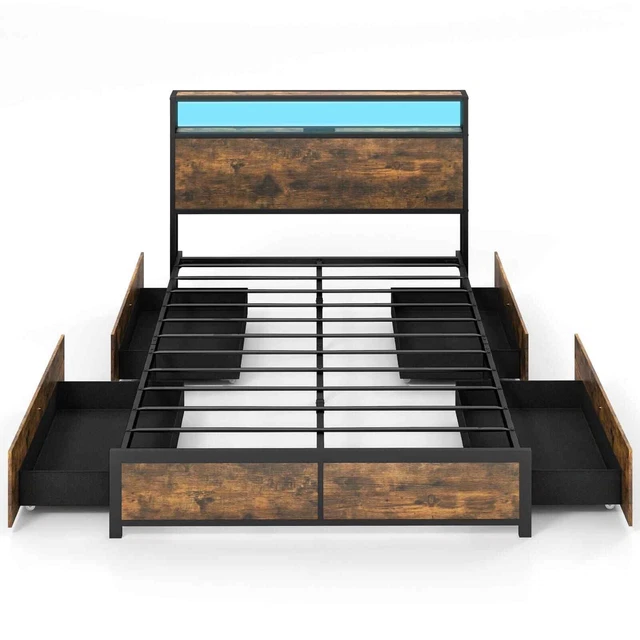 COSTWAY DOUBLE SIZE Bed Frame Metal Bed Platform LED Lights Headboard £ ...