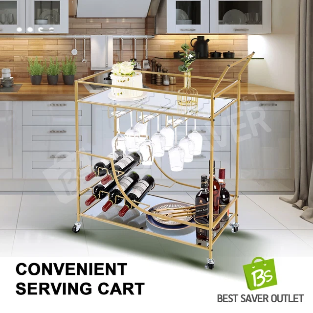 RESTAURANT KITCHEN DRINKS Trolley Golden Metal Glass Serving Bar Cart ...