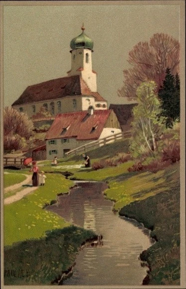 KÜNSTLER LITHO HEY, Paul, Dorfidylle, Kirche, Meissner Buch 1462 ...
